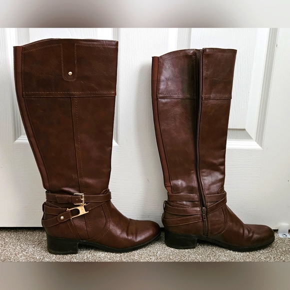 Unisa | Shoes | Unisa Tall Brown Leather Boots With Gold Buckle Detail ...
